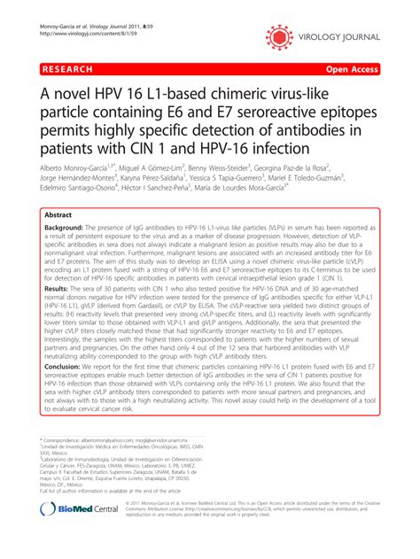 Pdf A Novel Hpv 16 L1 Based Chimeric Virus Like Particle Containing E6 And E7 Seroreactive