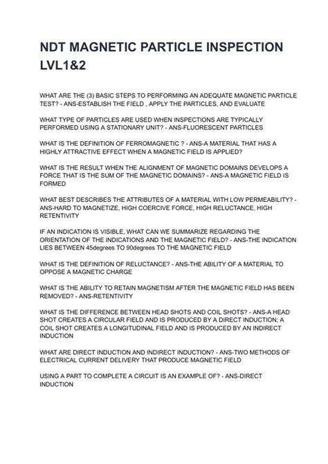 Ndt Magnetic Particle Inspection Lvl1and2 Questions And Answers Graded A