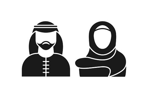 히잡과 전통 의상을 입은 무슬림 커플을 나타내는 단순한 검은색 아이콘으로 이슬람 문화와 중동 공동체의 가치를 반영합니다 웹 공동체에 대한 스톡 벡터 아트 및 기타 이미지