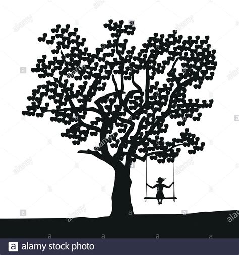 Girl On A Swing Under A Big Tree At Sunset Vector Illustration Eps10