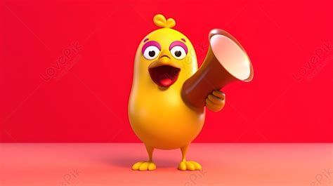 생생한 노란색 매혹적인 3d 렌더링에 빨간색 메가폰이 있는 복고풍 갈색 닭고기 달걀 마스코트 빨간 코트 배경 노란 배경 고풍 배경 이미지 Hd 빨간 코트 노란