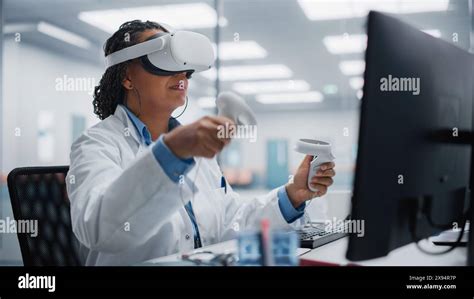 Futuristic Medical Hospital Black Female Neurosurgeon Wearing Virtual Reality Headset Uses
