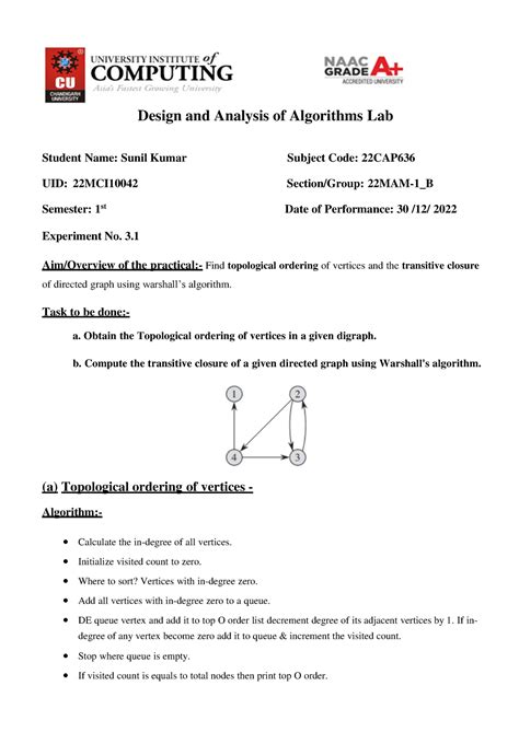 Worksheet Daa Find Topological Ordering Of Vertices And The