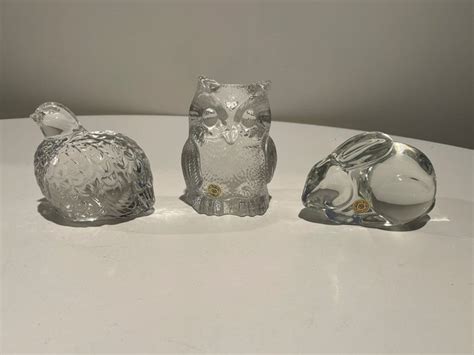 Val Saint Lambert Figurine 3 Crystal Tawny Owl Quail And