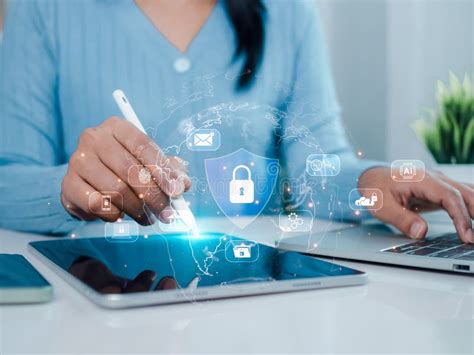 Businesswoman Showing Key And Network Security Represents Protection