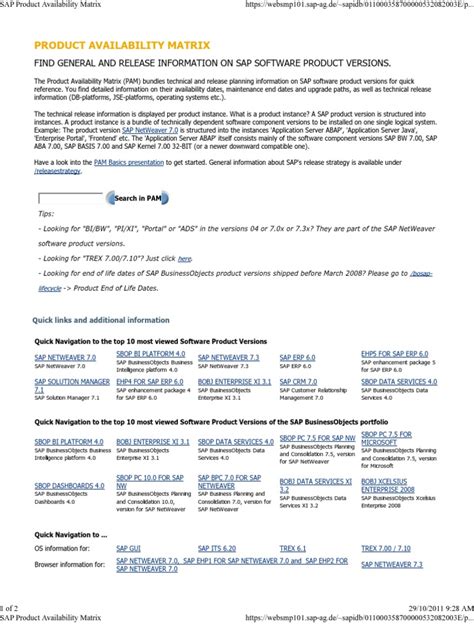 Sap Support Portal Product Availability Matrix Pdf Sap Se