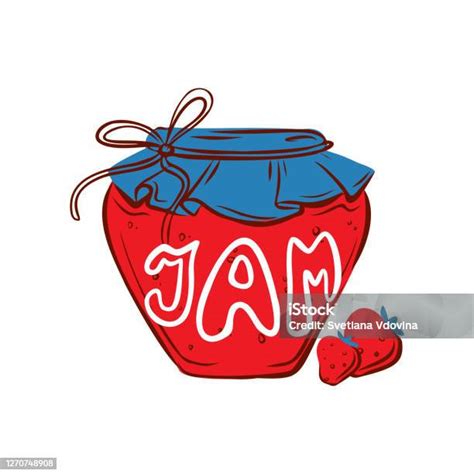 딸기 잼 항아리 스티커 패턴 로고 디자인 및 기타 가을 디자인에 대한 손으로 그린 일러스트레이션 Hygge 건강한 음식 다이어트 유기농 식품 가을에 대한 스톡 벡터 아트 및