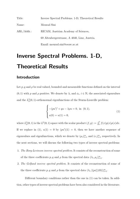Pdf Inverse Spectral Problems 1 D Theoretical Results