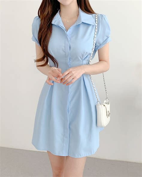 클래식블랑 샤키 허리 핀턱 반팔 셔츠 플레어 원피스