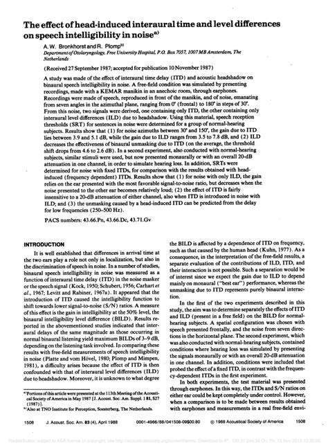Pdf The Effect Of Head Induced Interaural Time And Level Differences On Speech Intelligibility