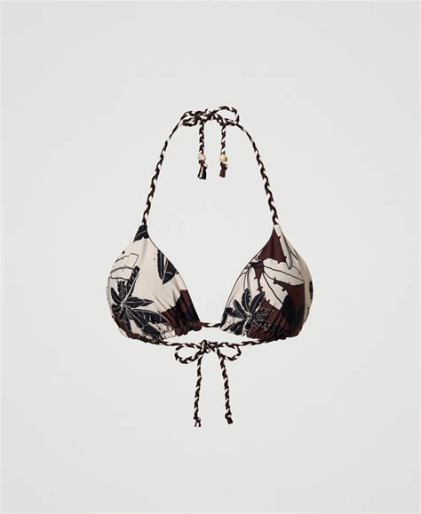 Reversible Triangle Bikini Top With Floral Print Woman Brown Twinset