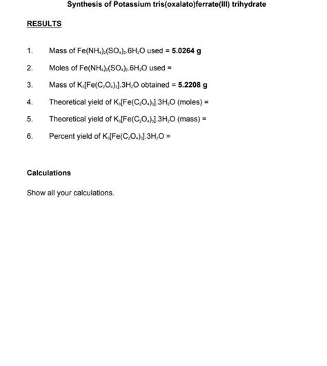 Solved Synthesis Of Potassium Tris Oxalato Ferrate III Chegg