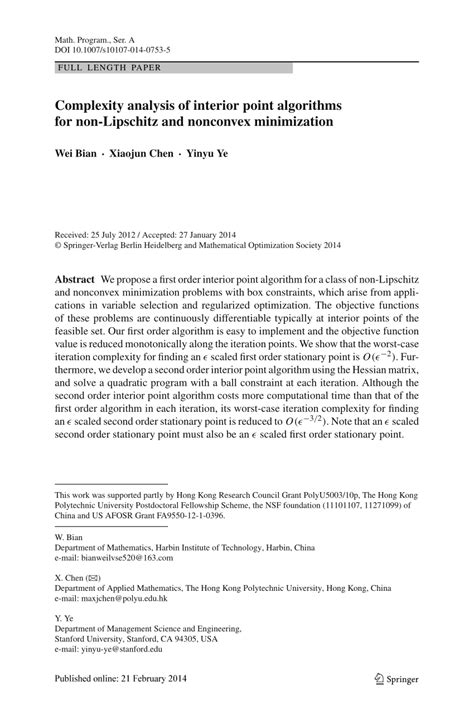 Pdf Complexity Analysis Of Interior Point Algorithms For Non