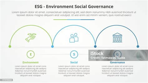 Esg 프레임워크 인포그래픽 개념 반원 윤곽선 수평 방향 평면 스타일의 3점 목록이 있는 슬라이드 프레젠테이션 기둥 건축적 특징에 대한 스톡 벡터 아트 및 기타 이미지