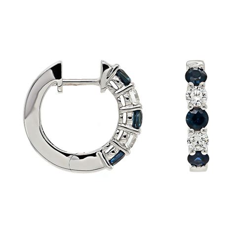 14k White Gold Round Blue Sapphire And Diamond Hoop Earrings Longs