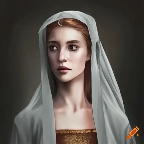 Medieval Portrait Of A Graceful Young Woman With Gray Eyes In A Modest