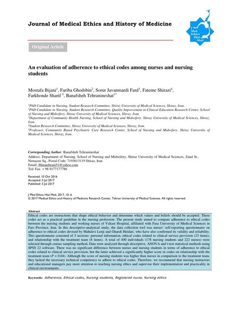 Pdf An Evaluation Of Adherence To Ethical Codes Among Nurses And