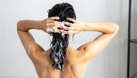 Woman In Shower Washing Hair With Shampoo Beautiful Woman Showering