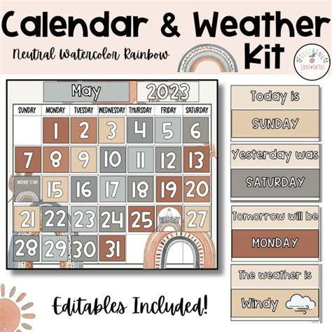 Calendar And Weather Kit Editable Neutral Rainbow Classroom Decor
