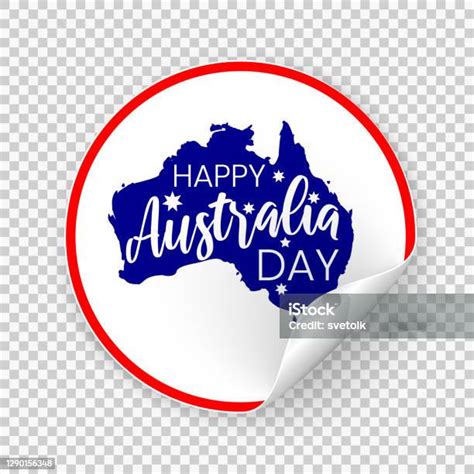 호주 지도에 있는 해피 오스트레일리아 공화국의 날 텍스트와 별이 말린 가장자리가 있는 사실적인 스티커를 둥글게 합니다 모서리를 롤업한 둥근 호주 인사말 라벨의 벡터 일러스트