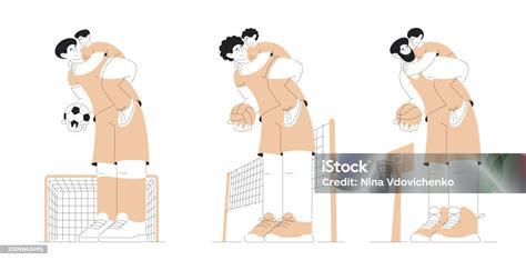 스포츠 가족 공을 가진 형제 게임 벡터 일러스트 레이 션 평면 스타일 와 라인 아트 축구 게이트 배구 네트 농구 후프가 있는