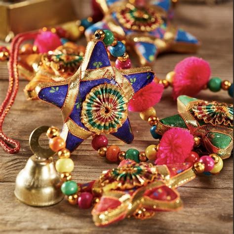 Handmade String Of Stars Gold Beads Pom Poms And Lucky Bell 105cm
