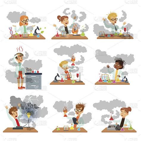 儿童化学家的角色在不同的情况下看起来很脏后失败的化学实验向量插图