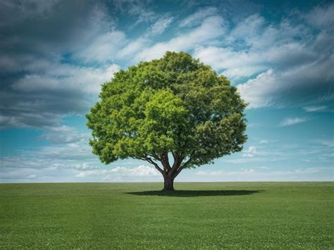 Premium Photo Single Big Tree On A Green Grass Field Under Blue Sky