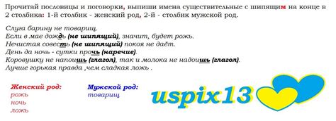 Прочитай пословицы и поговорки выпиши имена существительные с шипящий на конце в 2 столбика 1 й