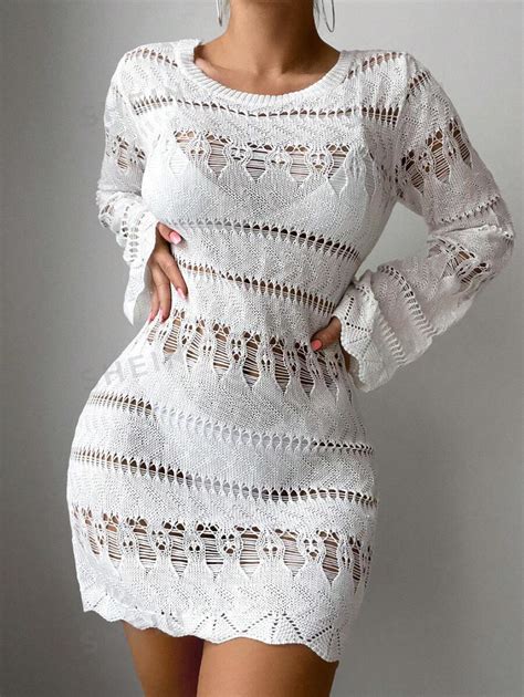 Shein Swim Bohofeel Long Sleeve Hollow Out Knitted Dress Cover Up For