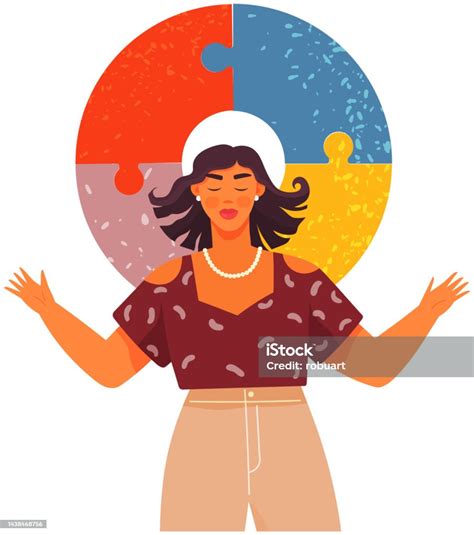 여자는 그녀의 머리에 퍼즐을 결합하려고합니다 창의성과 지능 개발을위한 트릭 개념에 대한 스톡 벡터 아트 및 기타 이미지 개념