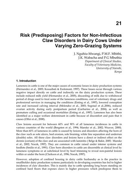 Pdf Risk Predisposing Factors For Non Infectious Claw Disorders In Dairy Cows Under Varying