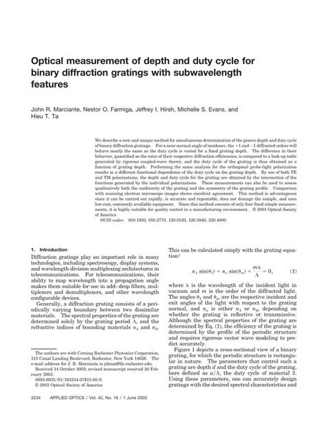 Pdf Optical Measurement Of Depth And Duty Cycle For Binary · 2012