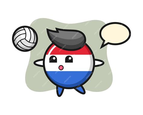 네덜란드 국기 배지의 캐릭터 만화는 배구를하고있다 프리미엄 벡터