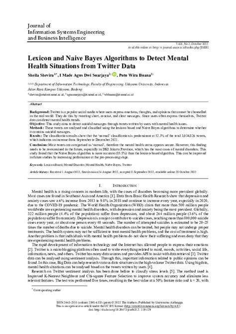 Pdf Lexicon And Naive Bayes Algorithms To Detect Mental Health