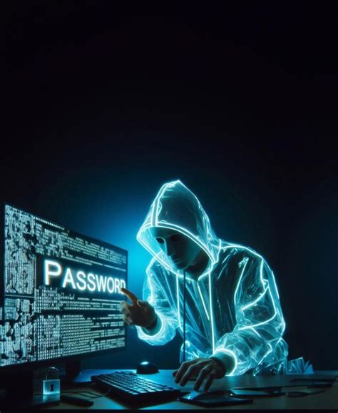 Premium Photo A Hacker In A Clear Plastic Hooded Sweatshirt Grabs The