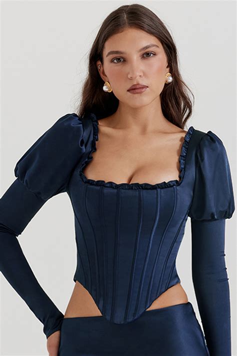 Clothing Tops Dana Navy Puff Sleeve Corset