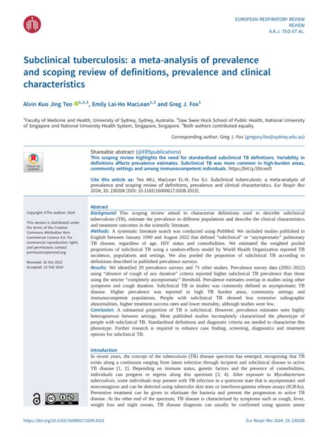 Pdf Subclinical Tuberculosis A Meta Analysis Of Prevalence And Scoping Review Of Definitions