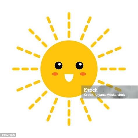평면 디자인에 태양을 웃고 있는 벡터 얼굴과 함께 행복한 태양의 긍정적인 그림 유치한 귀여운 햇빛 이모티콘 점선 태양 광선이 있는 Kawaii 태양 홍당무와 아기 햇빛 사람