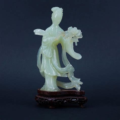 Chinese Serpentine Jade Carved Kwan Yin Figure On