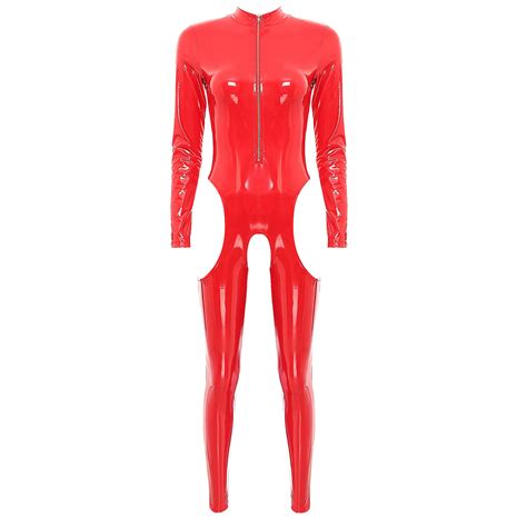De Damen Wetlook Clubwear Bodysuit Catsuit Lack Leder Overall Jumpsuit