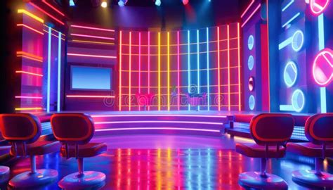 A Row Of Chairs Is Neatly Set Up In Front Of A Stage Brightened By
