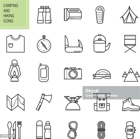 선형 아이콘 및 캠핑 하이킹 관광에 대 한 기호 집합입니다 캠핑 하이킹 야외 활동 아이콘을 설명 합니다 벡터 일러스트입니다 Sport Set에 대한 스톡 벡터 아트 및 기타