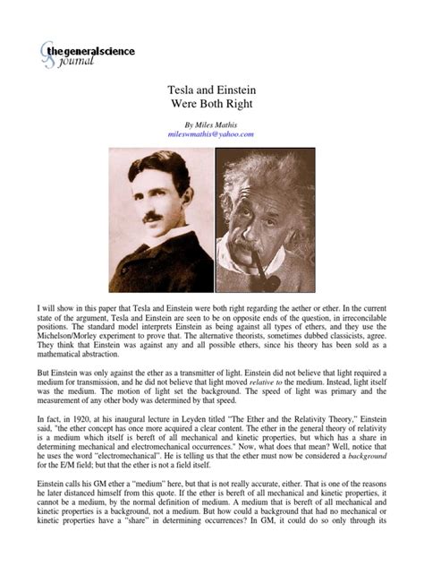 Einstein And Tesla Both Correct On Aether Pdf Luminiferous Aether Field Physics