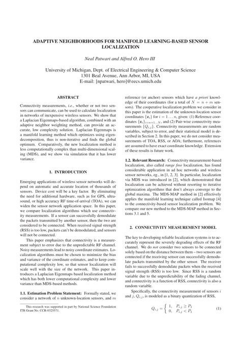 Pdf Adaptive Neighborhoods For Manifold Learning Based Sensor Localization