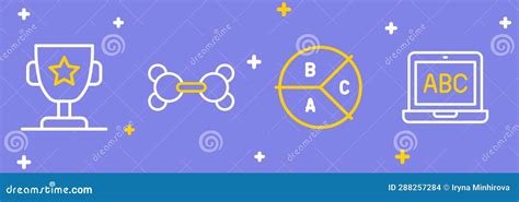 Set Line Laptop Pie Chart Infographic Molecule And Award Cup Icon Vector Stock Illustration