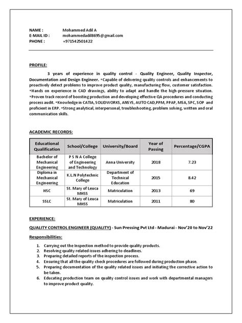 Quality Engineer Resume 3 Years Experience Pdf Programmable