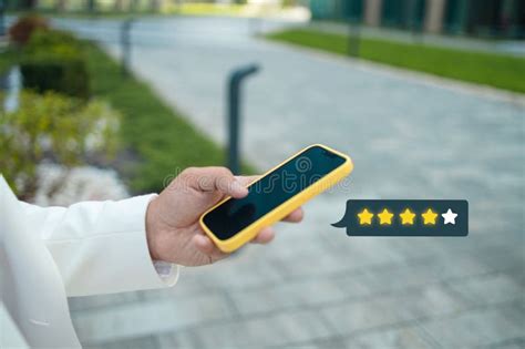 Customer Satisfaction Experience Concept Businessman Using Mobile Phone Giving 4 Star Icon And