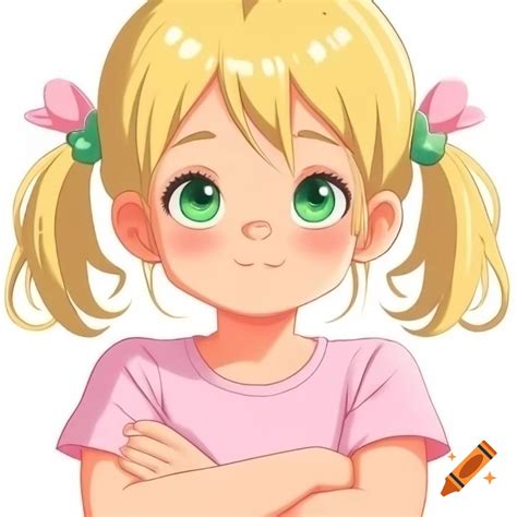 Anime Girl With Blonde Hair And Green Eyes In Pink Sleeveless Shirt Arms Crossed On Craiyon
