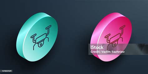 아이소메트릭 라인 드론 비행 아이콘은 검은색 배경에 격리되어 있습니다 비디오 및 사진 카메라 기호가 있는 쿼드로콥터 청록색과 핑크색 원형 버튼 벡터 3차원 형태에 대한 스톡